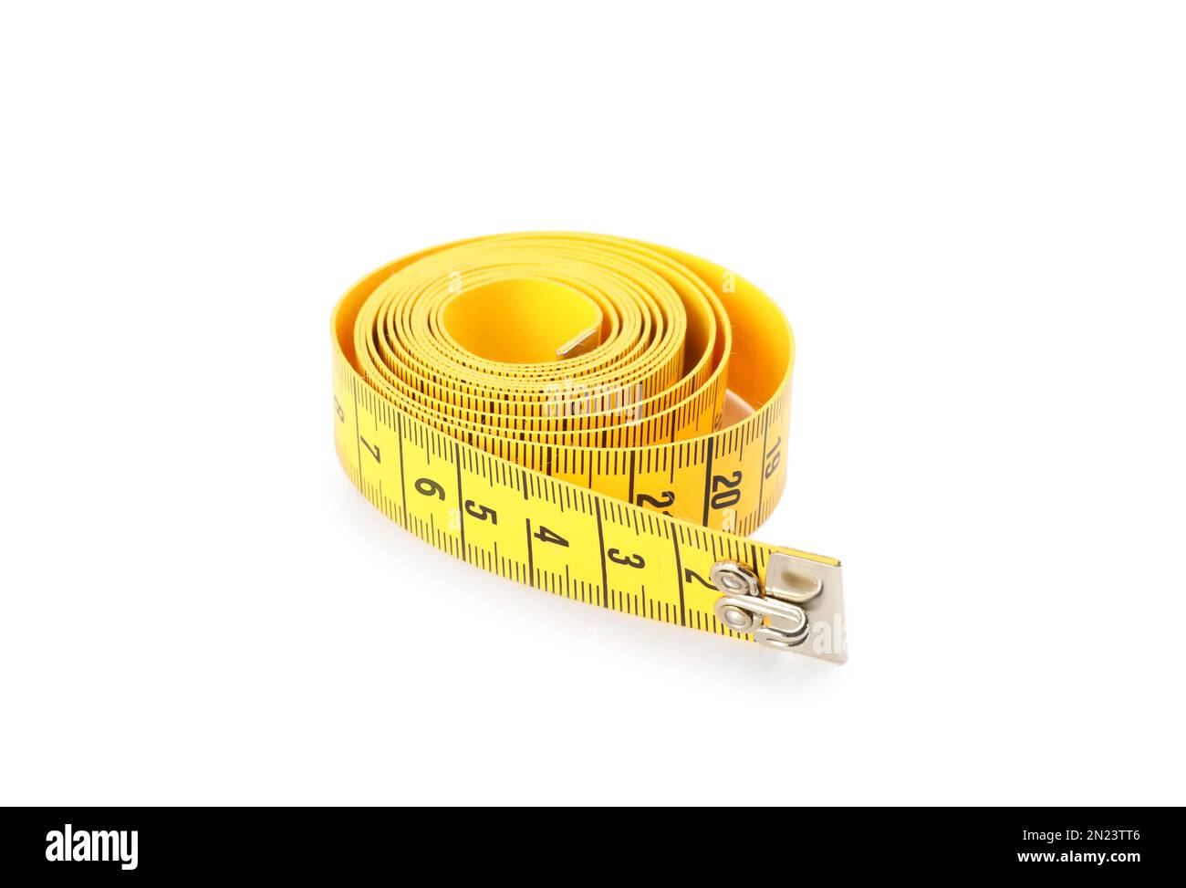 New yellow measuring tape isolated on white Stock Photo - Alamy