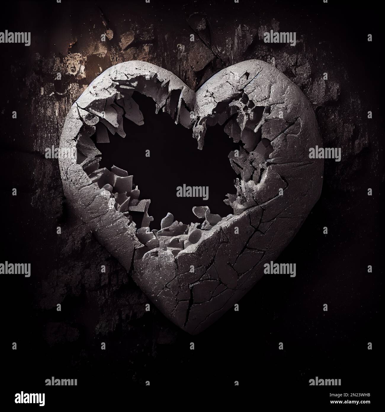 Grey concrete broken heart isolated on black background. Natural stone ...