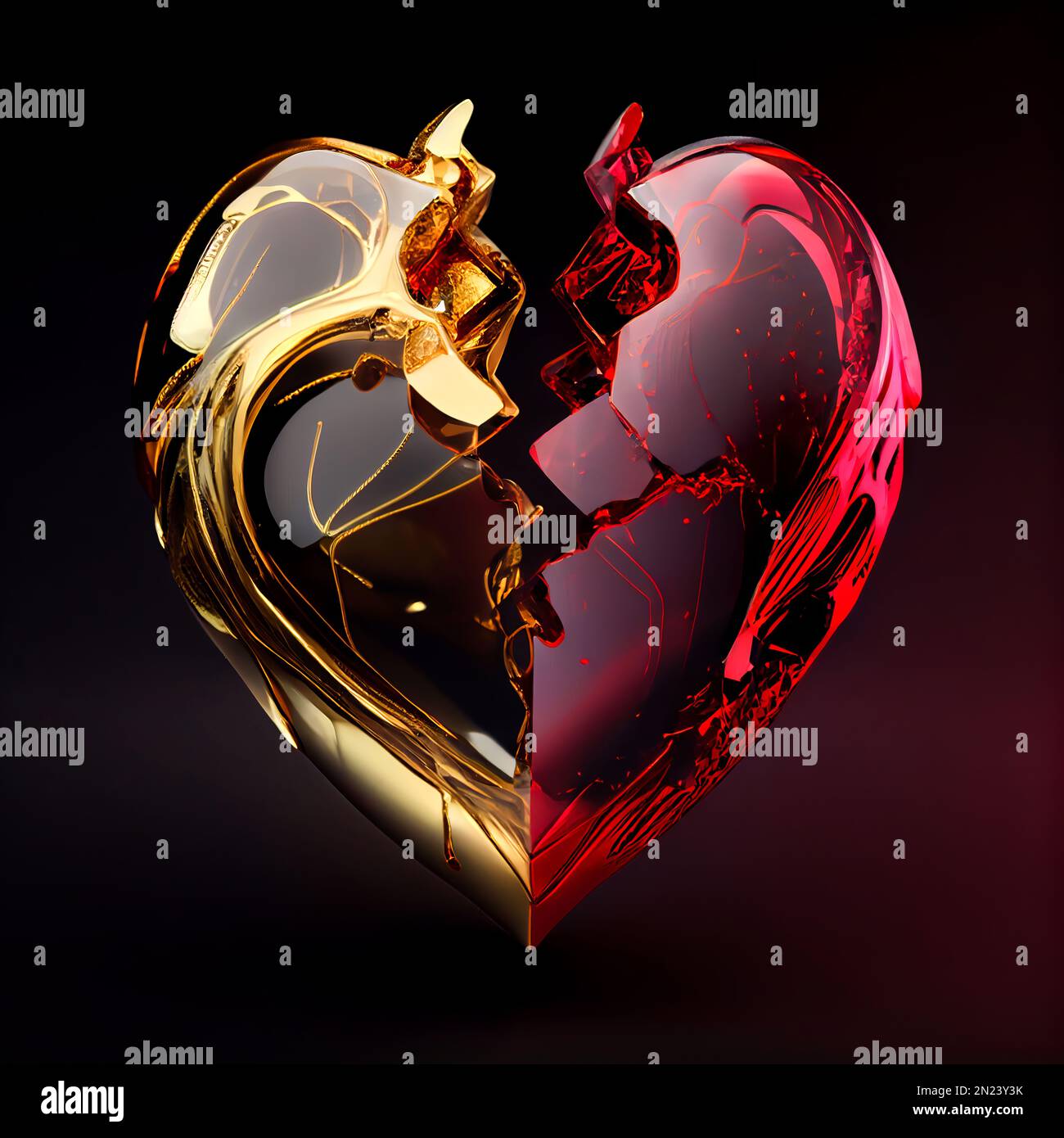 Shiny red ruby and gold broken heart isolated on black background ...