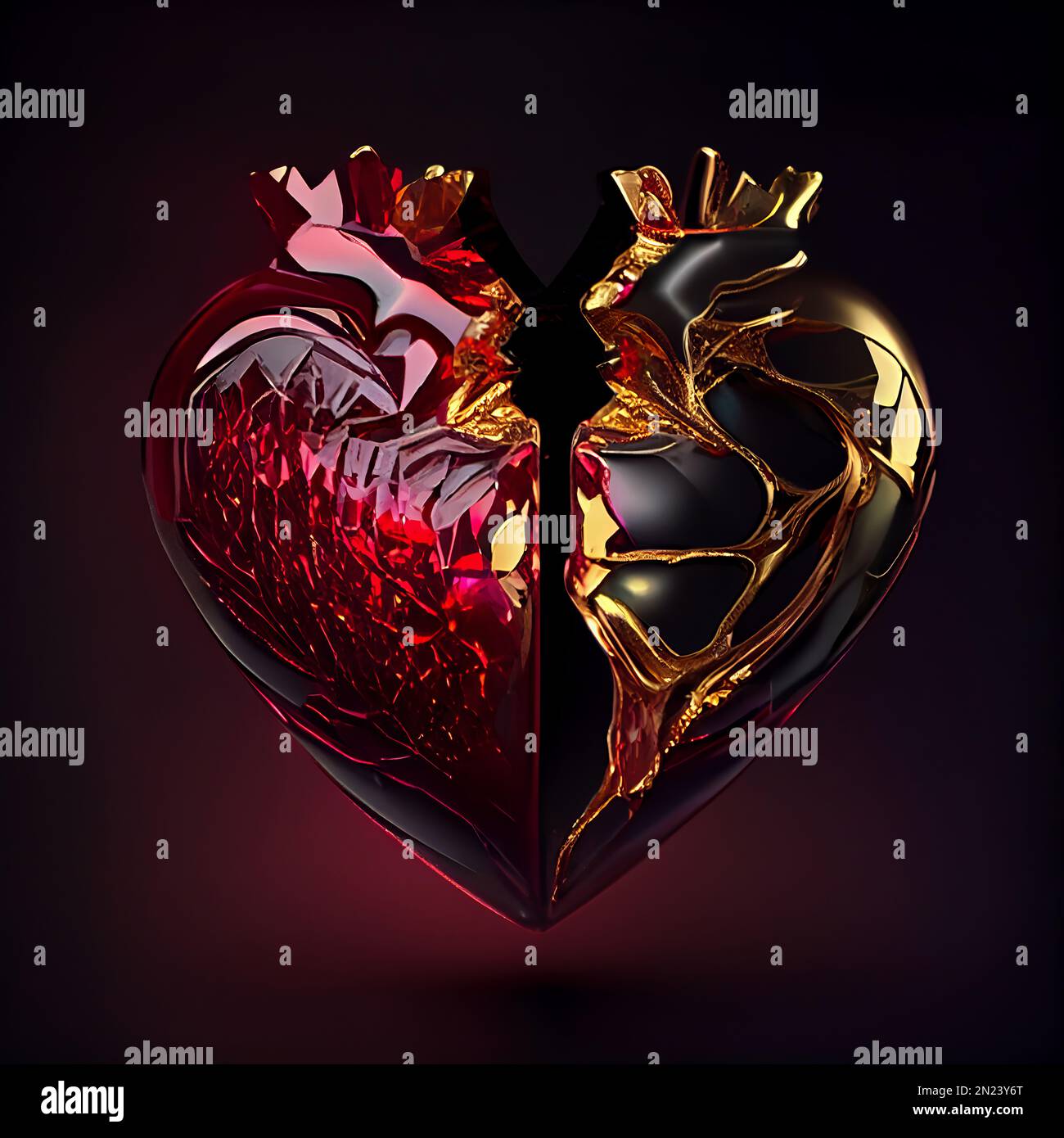 Shiny red ruby and gold broken heart isolated on black background ...