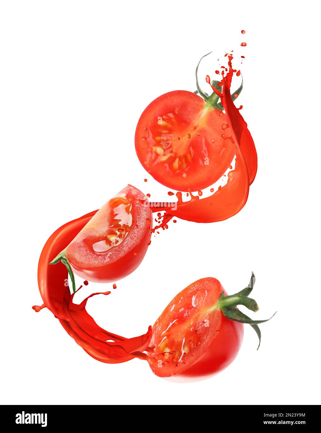 Fresh tomatoes with juice splash in air on white background Stock Photo ...