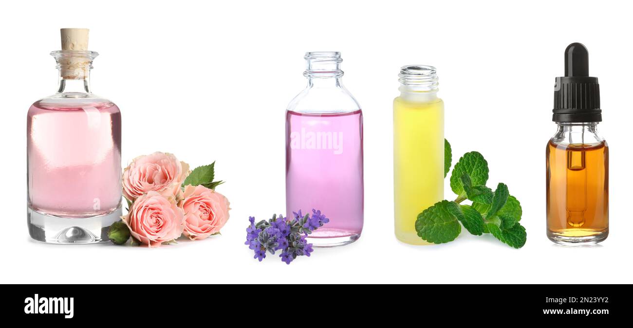 Set of different essential oils for aromatherapy on white background ...