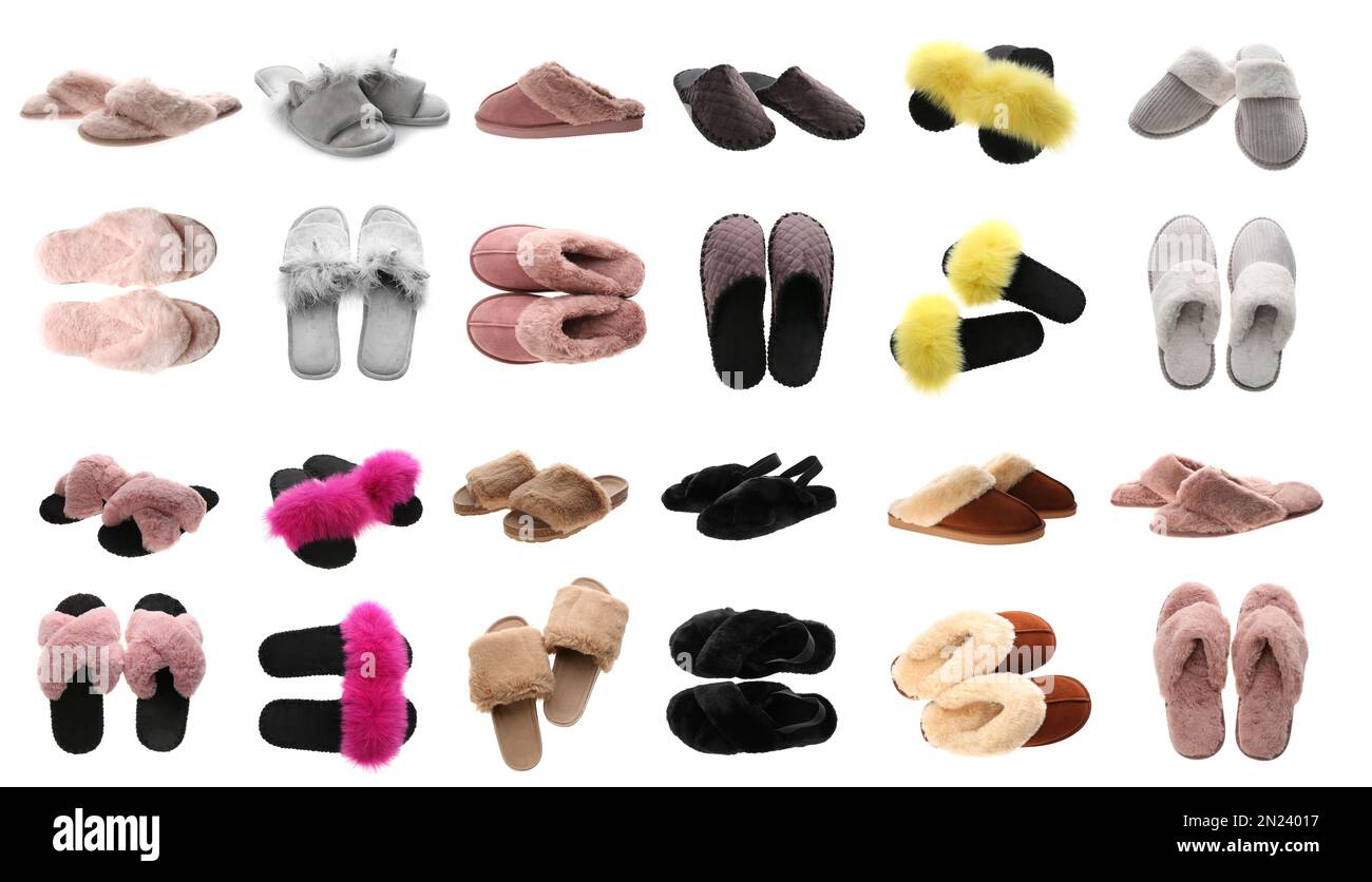 Collage with different slippers on white background Stock Photo - Alamy