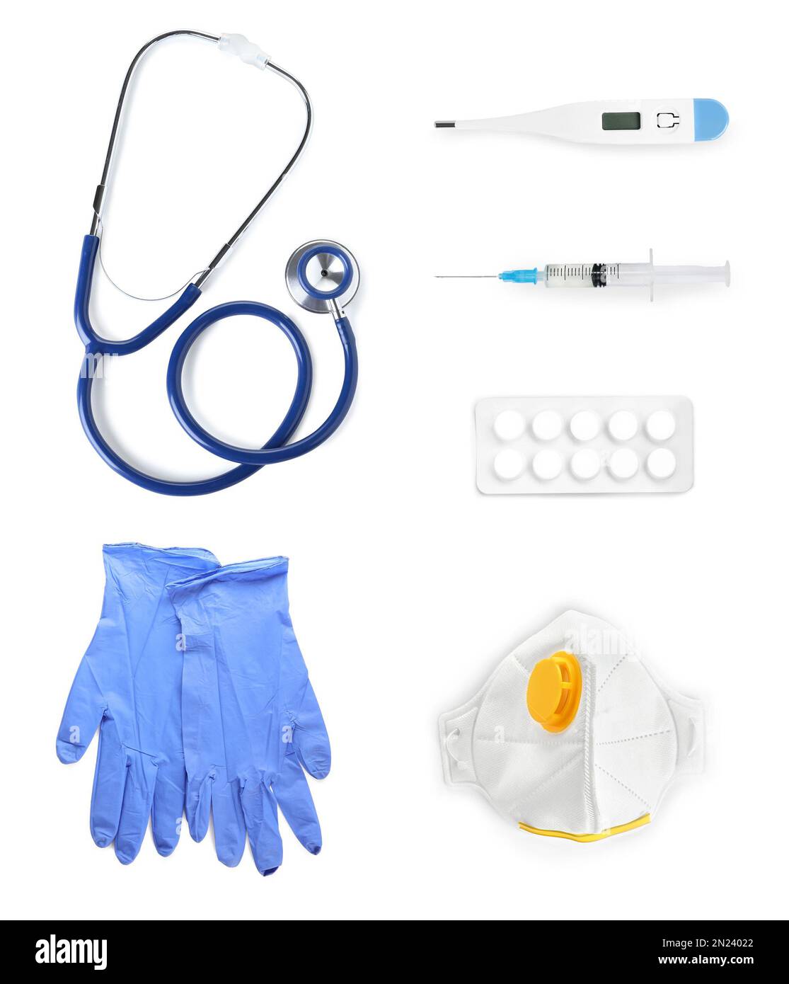 Set with disposable gloves and other medical items on white background ...