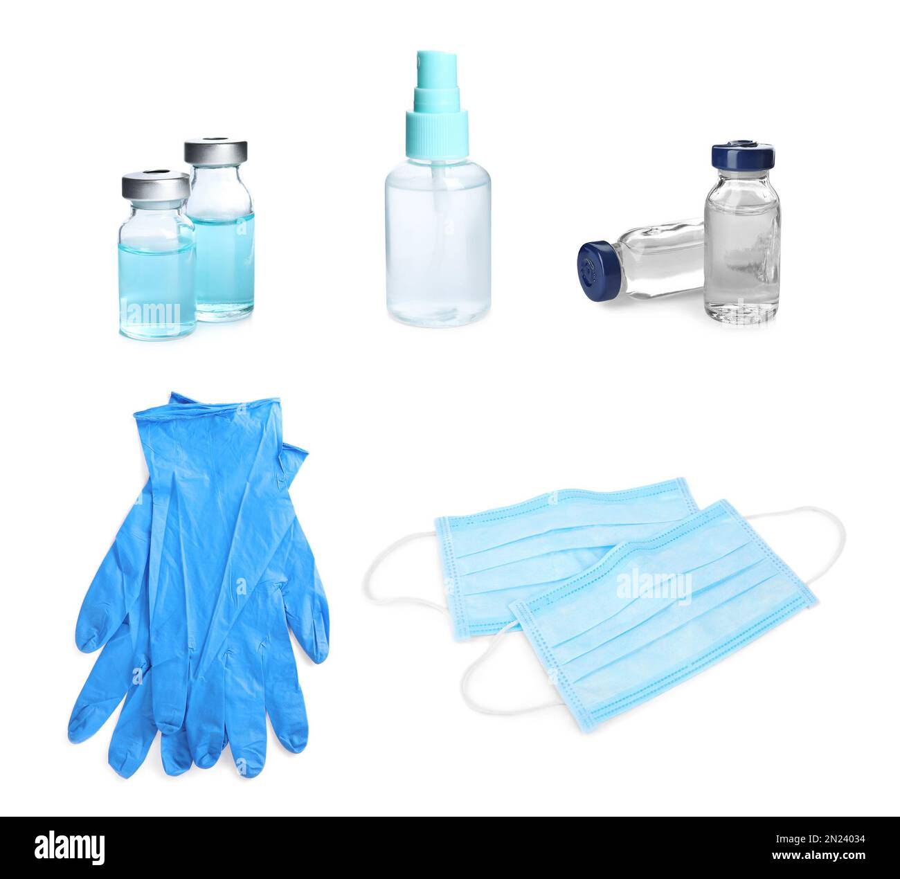 Set with disposable gloves and other medical items on white background ...