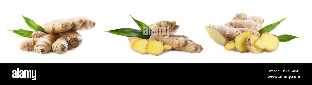 Set of fresh aromatic ginger with green leaves on white background ...