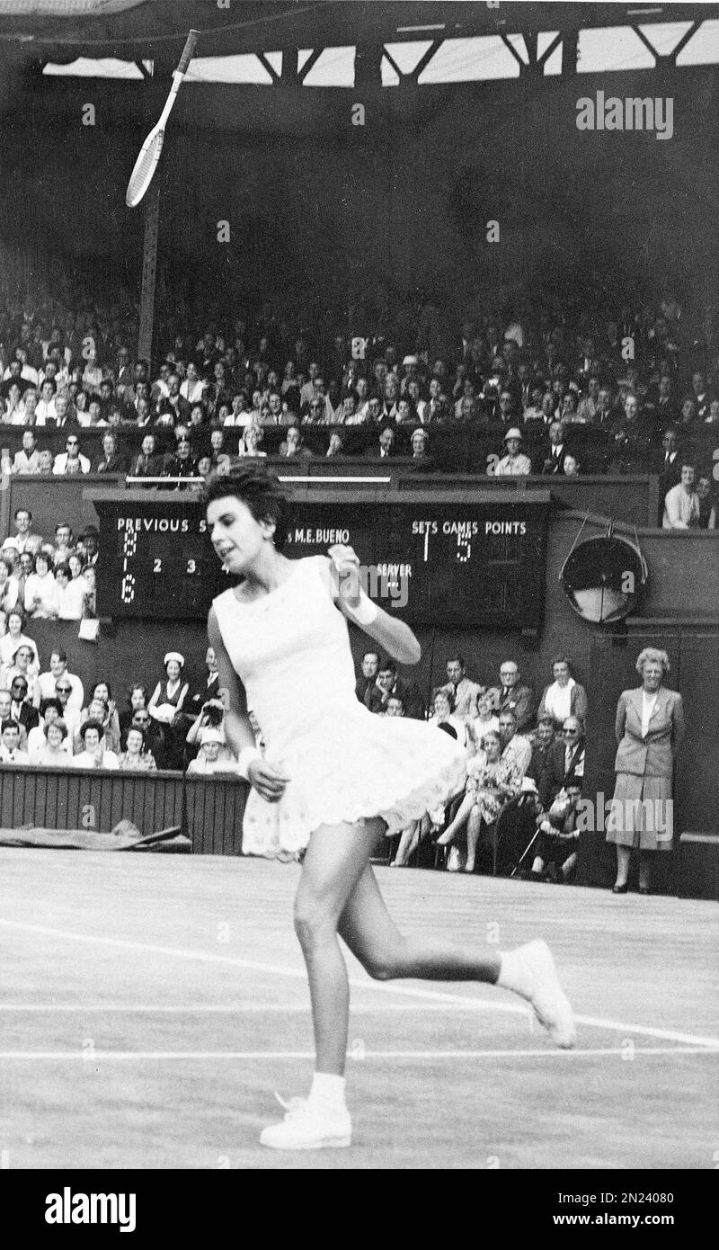 FILE - In this July 2, 1960 file photo, Brazil's Maria Bueno tosses her ...