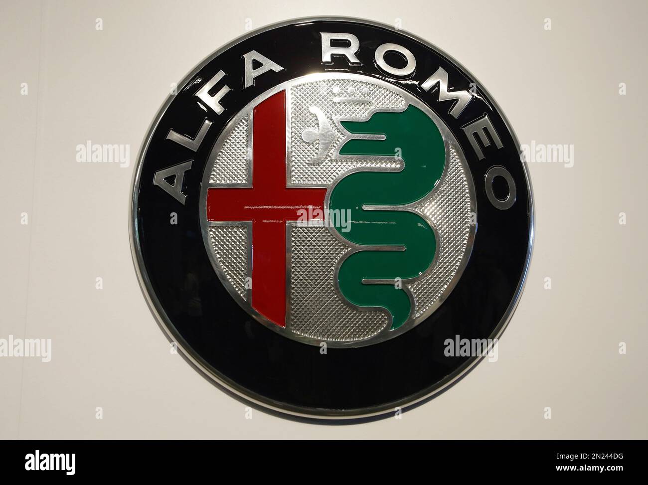 The logo of Alfa Romeo is pictured during the new Alfa Romeo Giulia ...