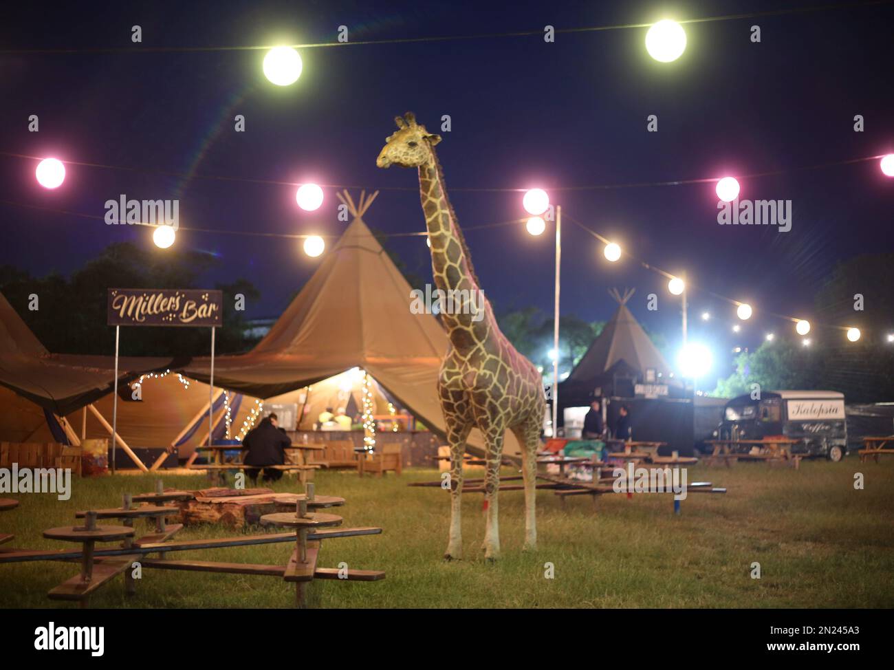 A model of a giraffe stands backstage at the the Glastonbury Music ...