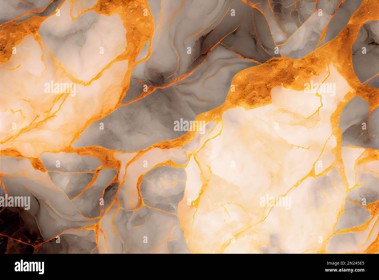 White marble with with gold and fire orange opal surface abstract ...