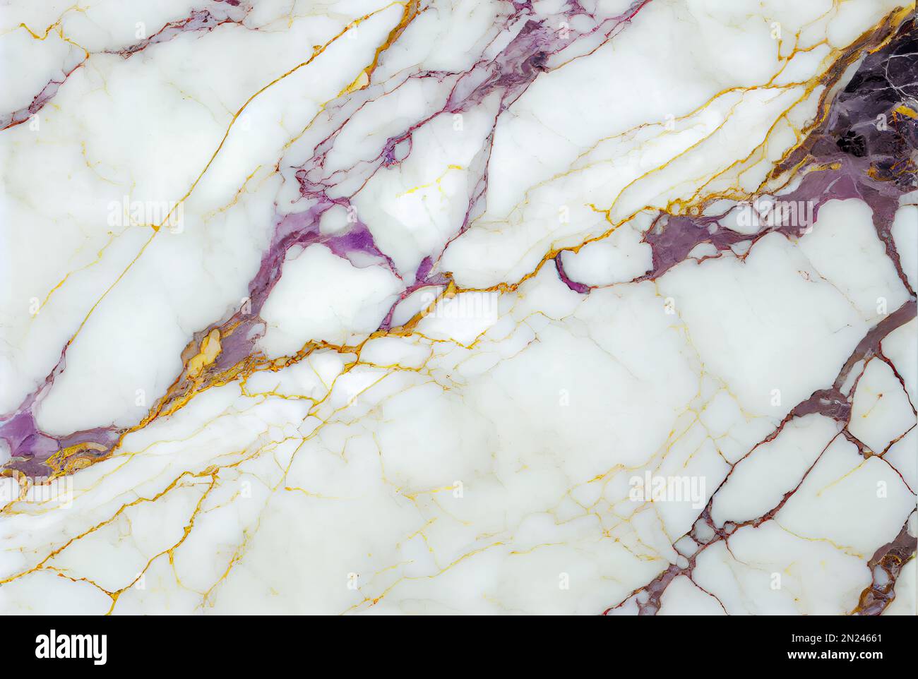 White marble with with gold and violet veins surface abstract background. Decorative acrylic ...