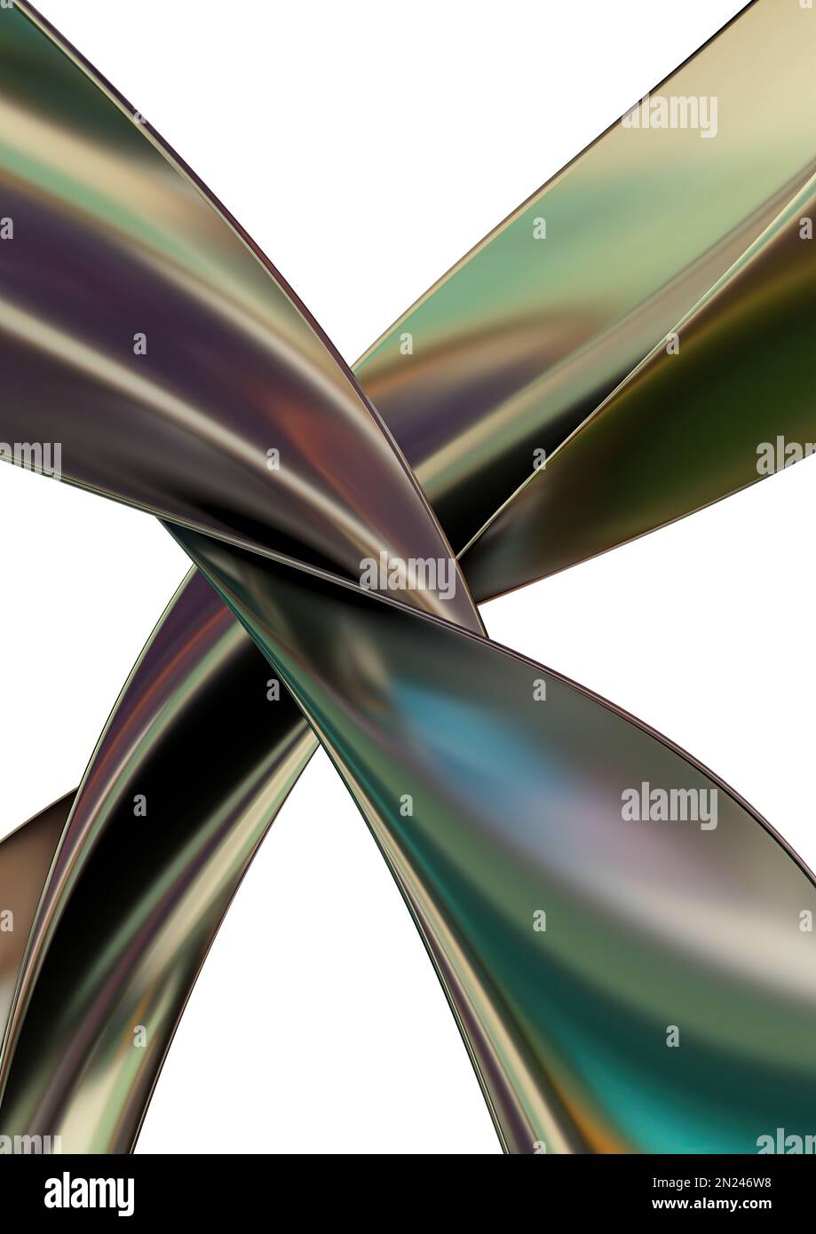 Dark gold X-shaped twisted metal band Abstract, dramatic, modern, luxurious and exclusive 3D ...