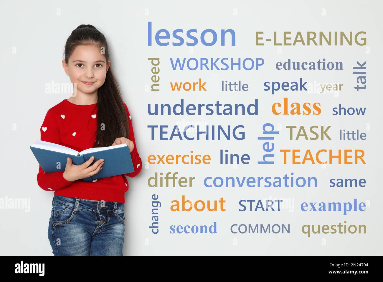 Cute little girl reading vocabulary on white background with word cloud ...
