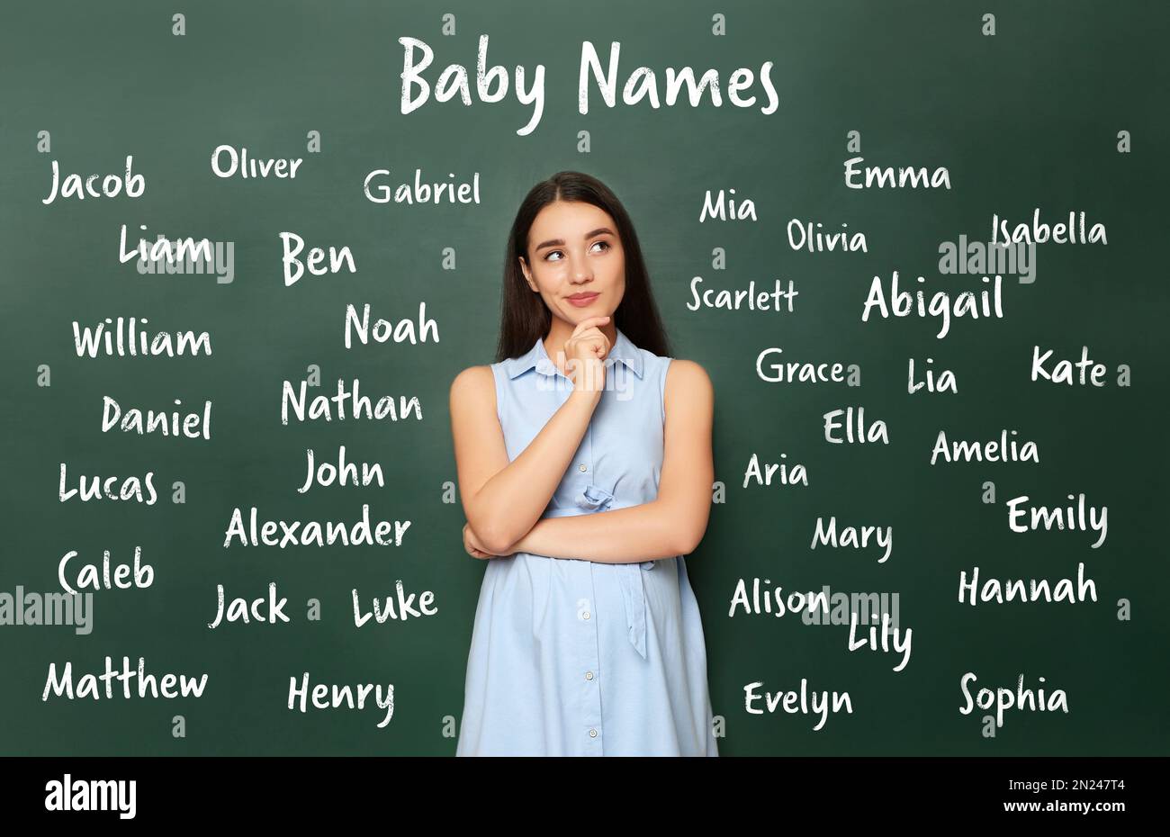 Thoughtful pregnant woman choosing name for her child. Future mother ...