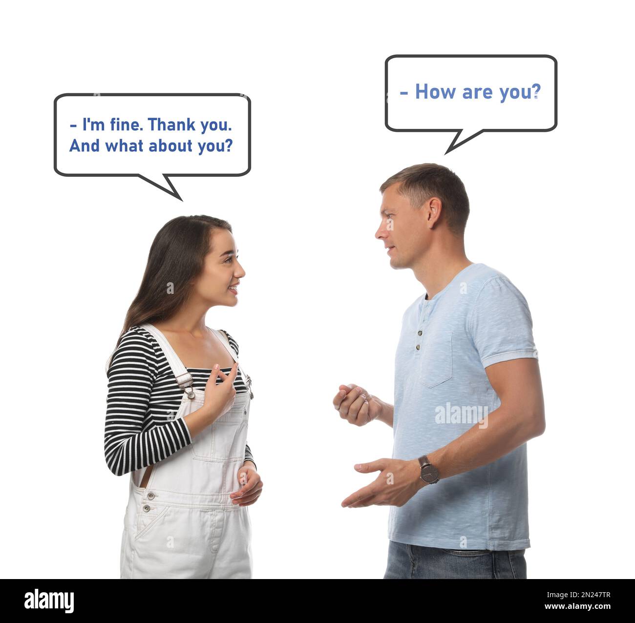 Man and woman talking on white background. Dialogue balloons with ...