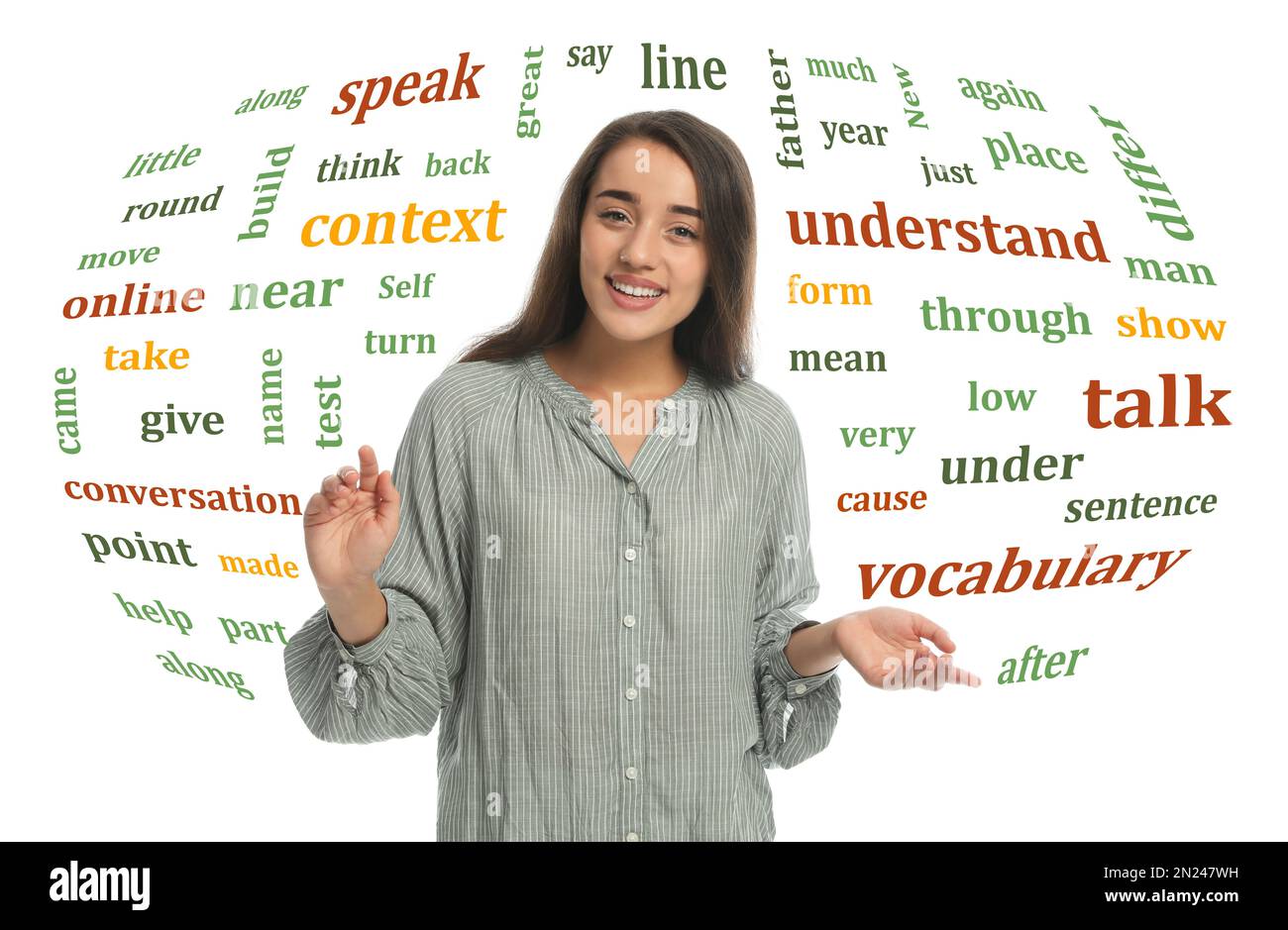Young woman talking surrounded by word cloud on white background Stock ...