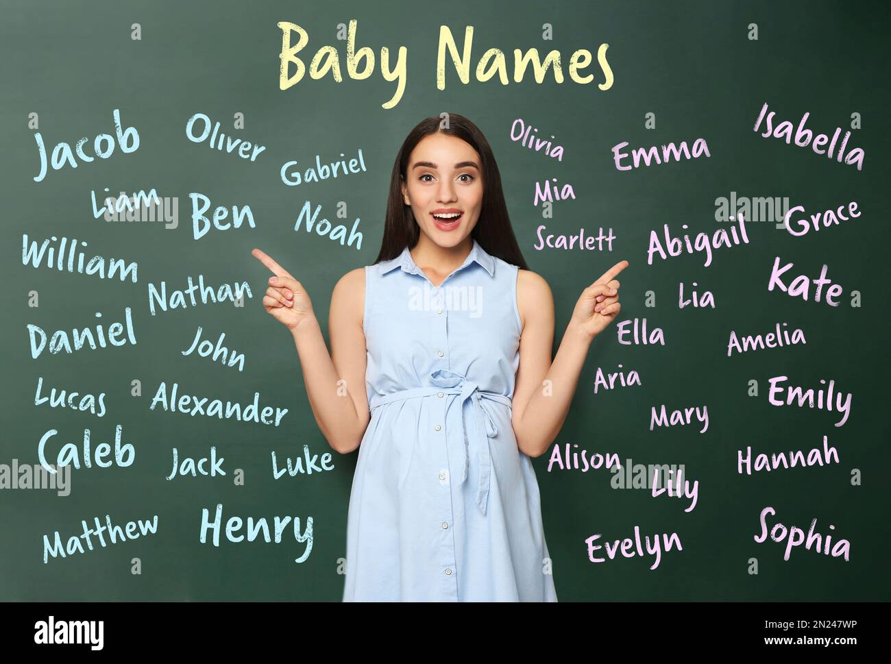 Emotional pregnant woman choosing name for her child. Future mother ...