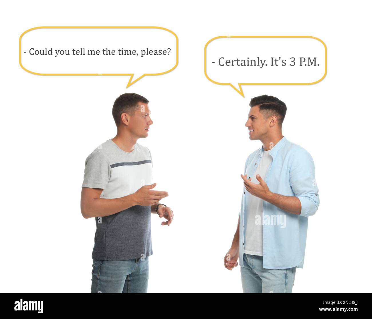 Men talking on white background. Dialogue balloons with phrases in ...