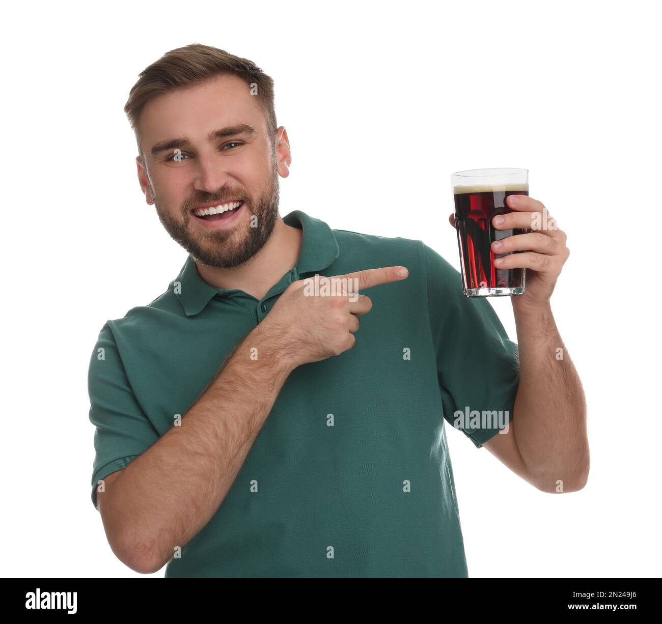 Handsome man with cold kvass on white background. Traditional Russian ...