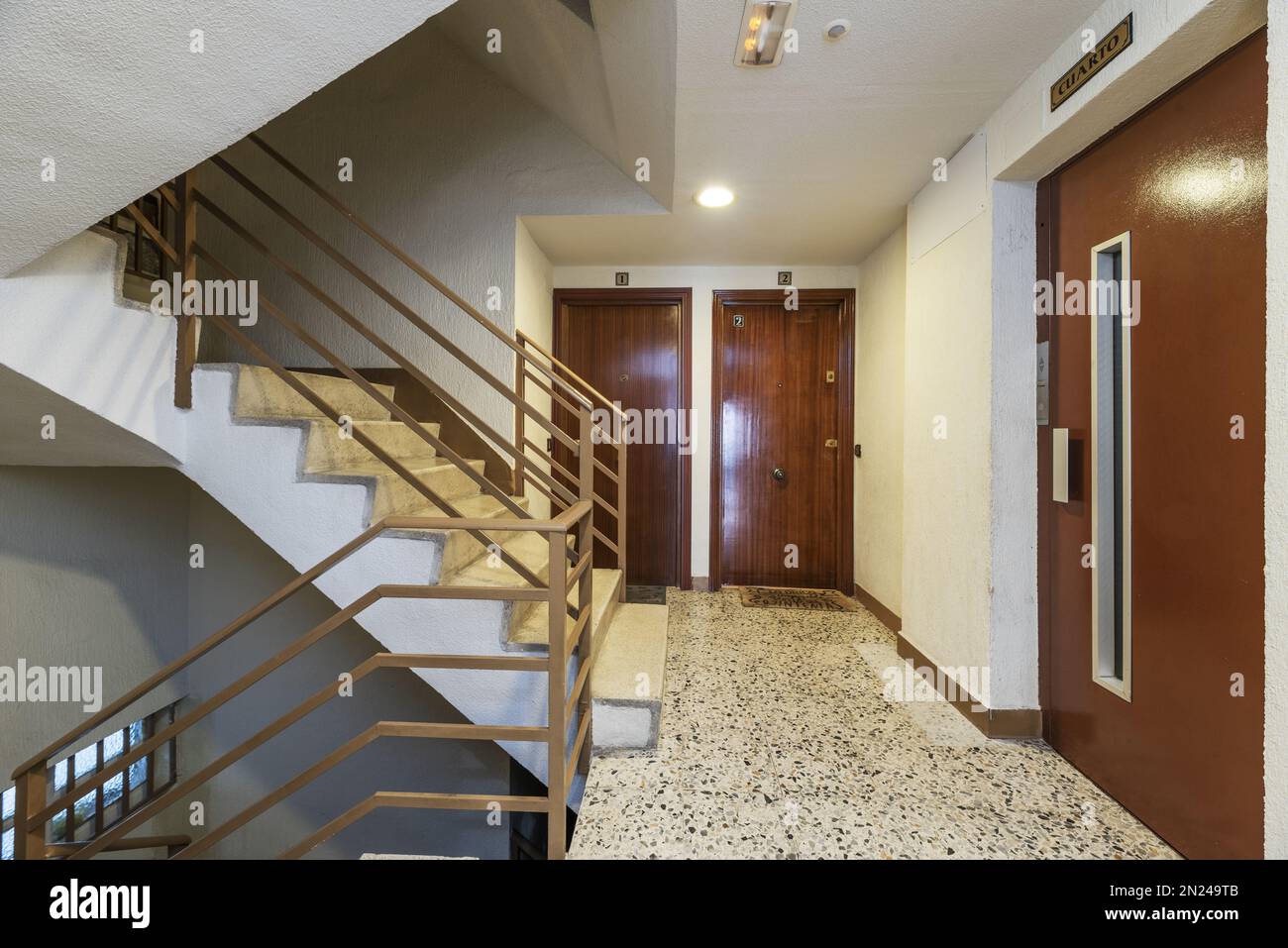 Interior staircase of an urban residential apartment building with an ...