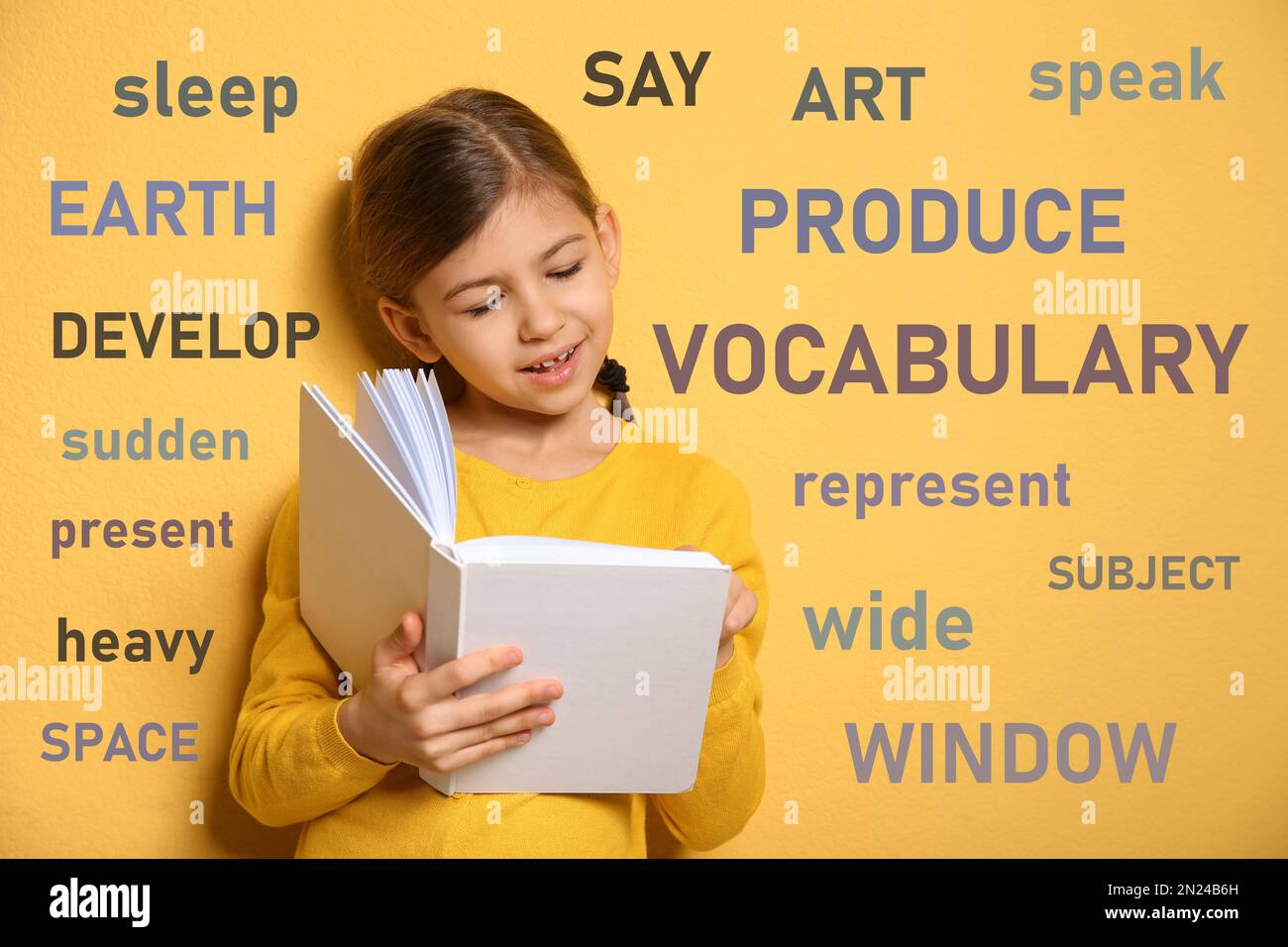 Cute little girl reading vocabulary surrounded by different words in ...