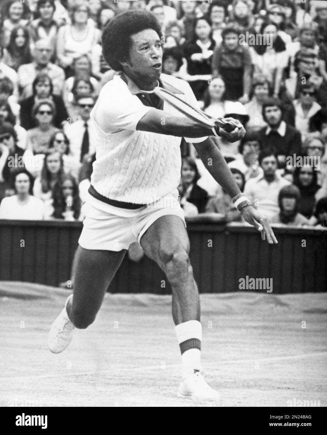 Arthur Ashe in play on the Center Court on July 5, 1975, at Wimbledon ...