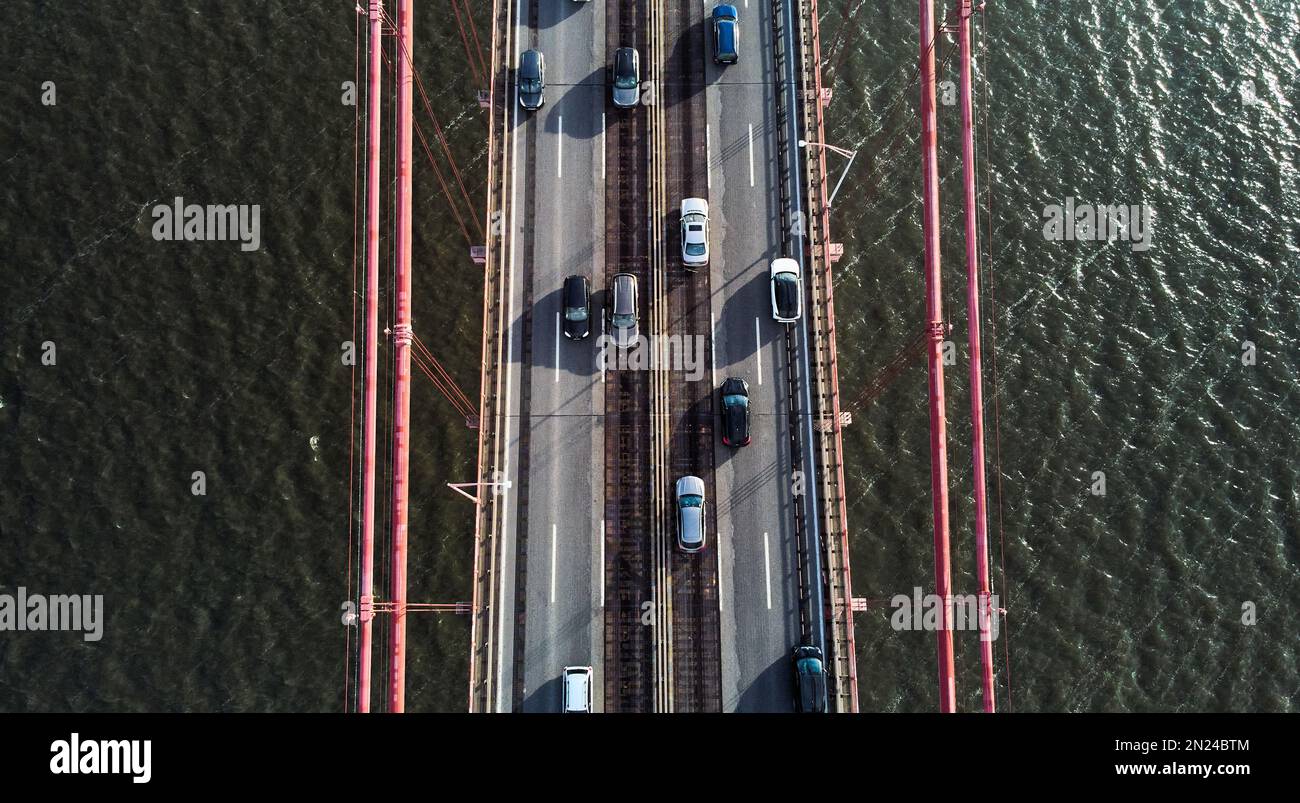 Aerial view of 25th April Bridge in Lisbon, Portugal. Famous landmark ...