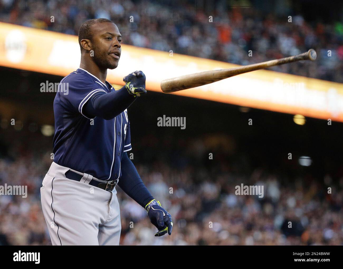 San Diego Padres' Justin Upton tosses his bat after striking out ...