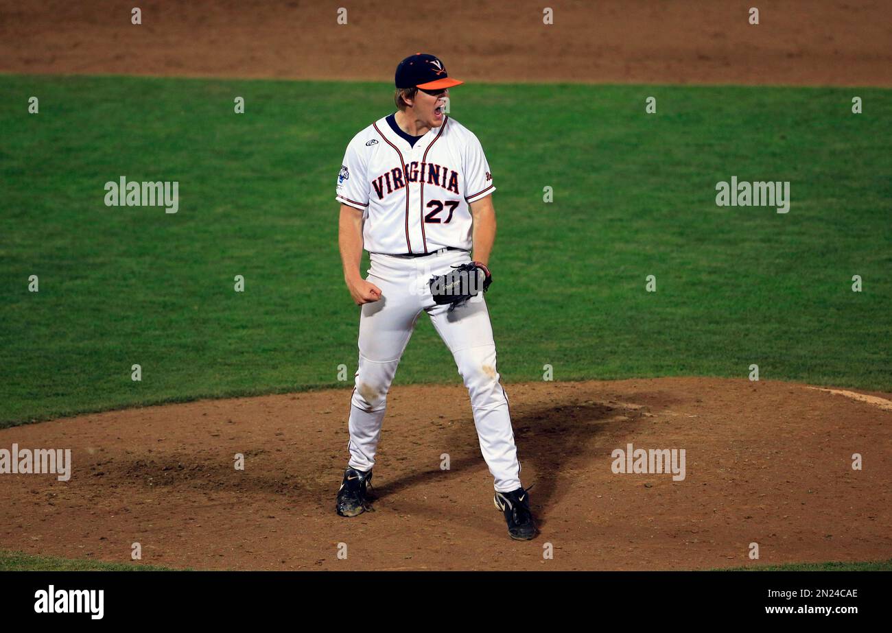 Virginia pitcher Josh Sborz celebrates beating Vanderbilt 3-0 after the ...