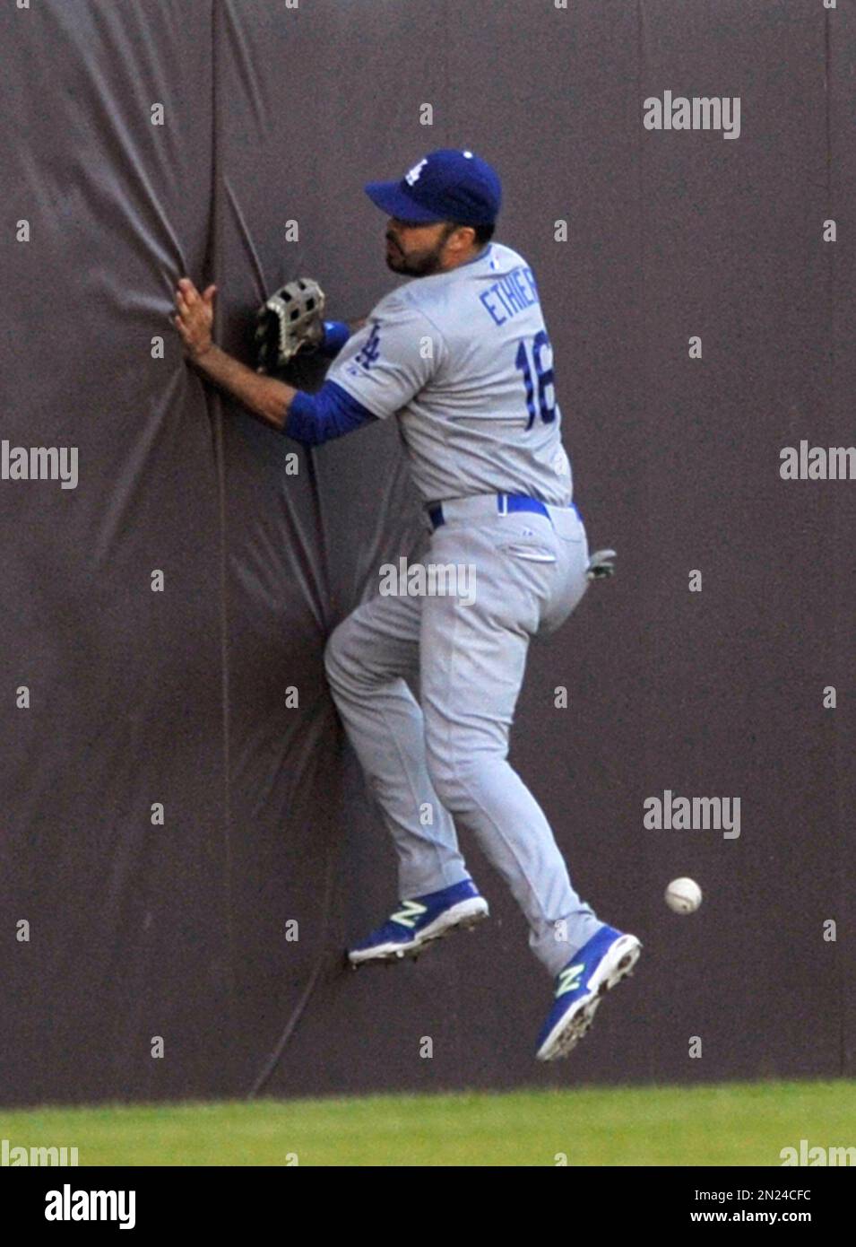 Los Angeles Dodgers left fielder Andre Ethier misses a foul ball hit by ...