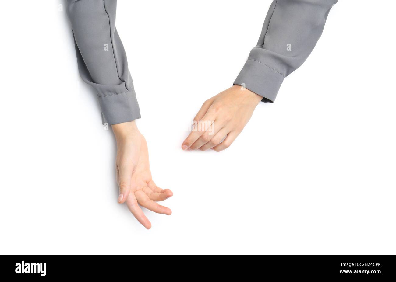 Woman on white background, top view. Closeup of hands Stock Photo - Alamy