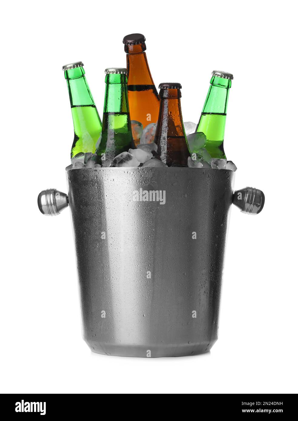 Metal bucket with bottles of beer and ice cubes isolated on white Stock ...