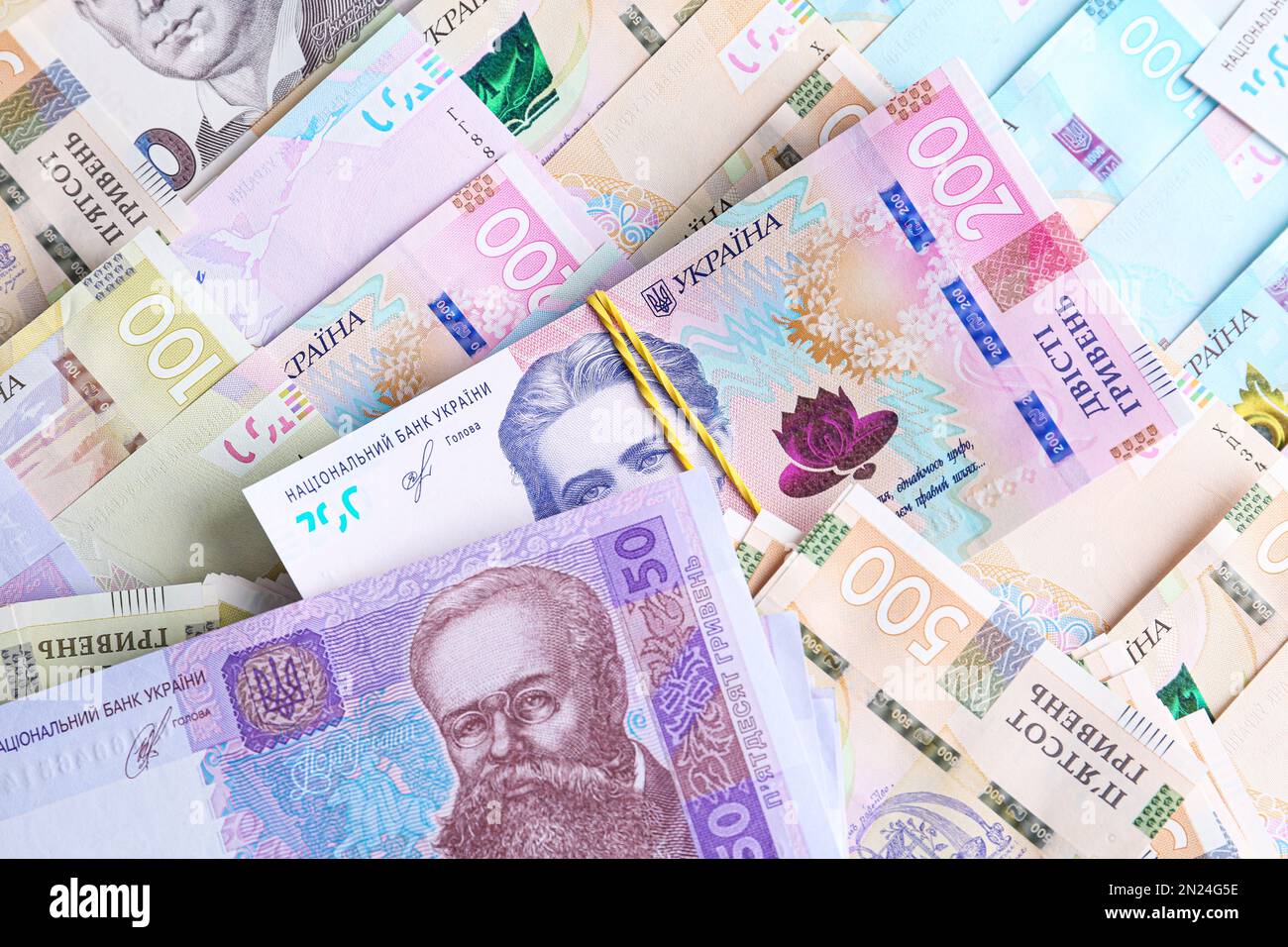 Ukrainian money as background, top view. National currency Stock Photo ...