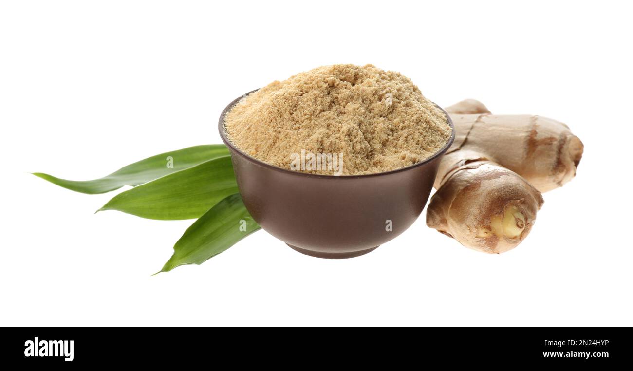 Dry ginger powder, fresh root and leaves isolated on white Stock Photo ...