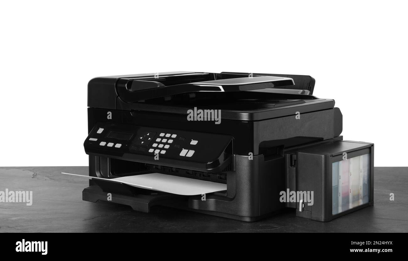 New modern multifunction printer on grey table Stock Photo - Alamy