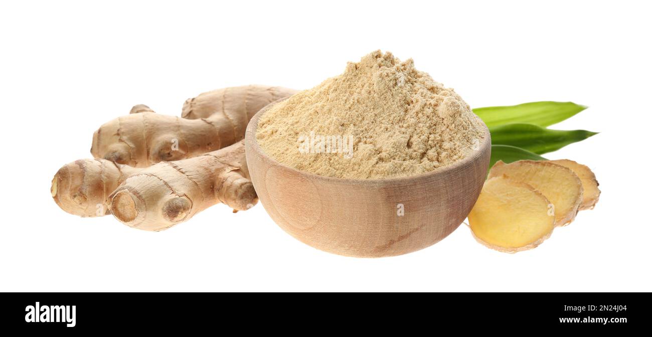 Dry ginger powder, fresh root and leaves isolated on white Stock Photo ...