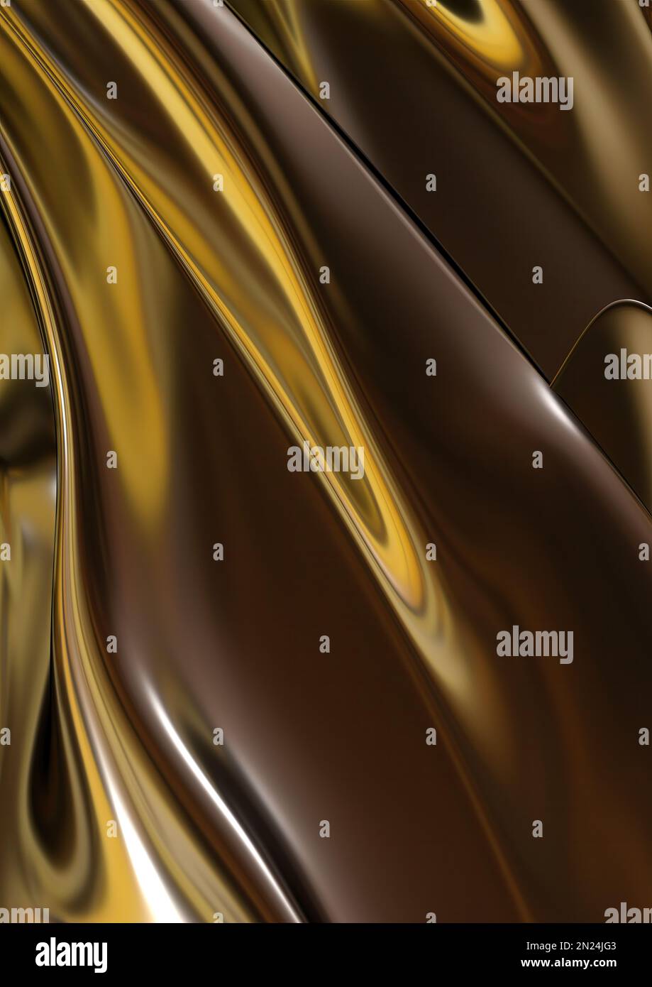Golden right-to-left flowing organic and fluid metal plate abstract ...