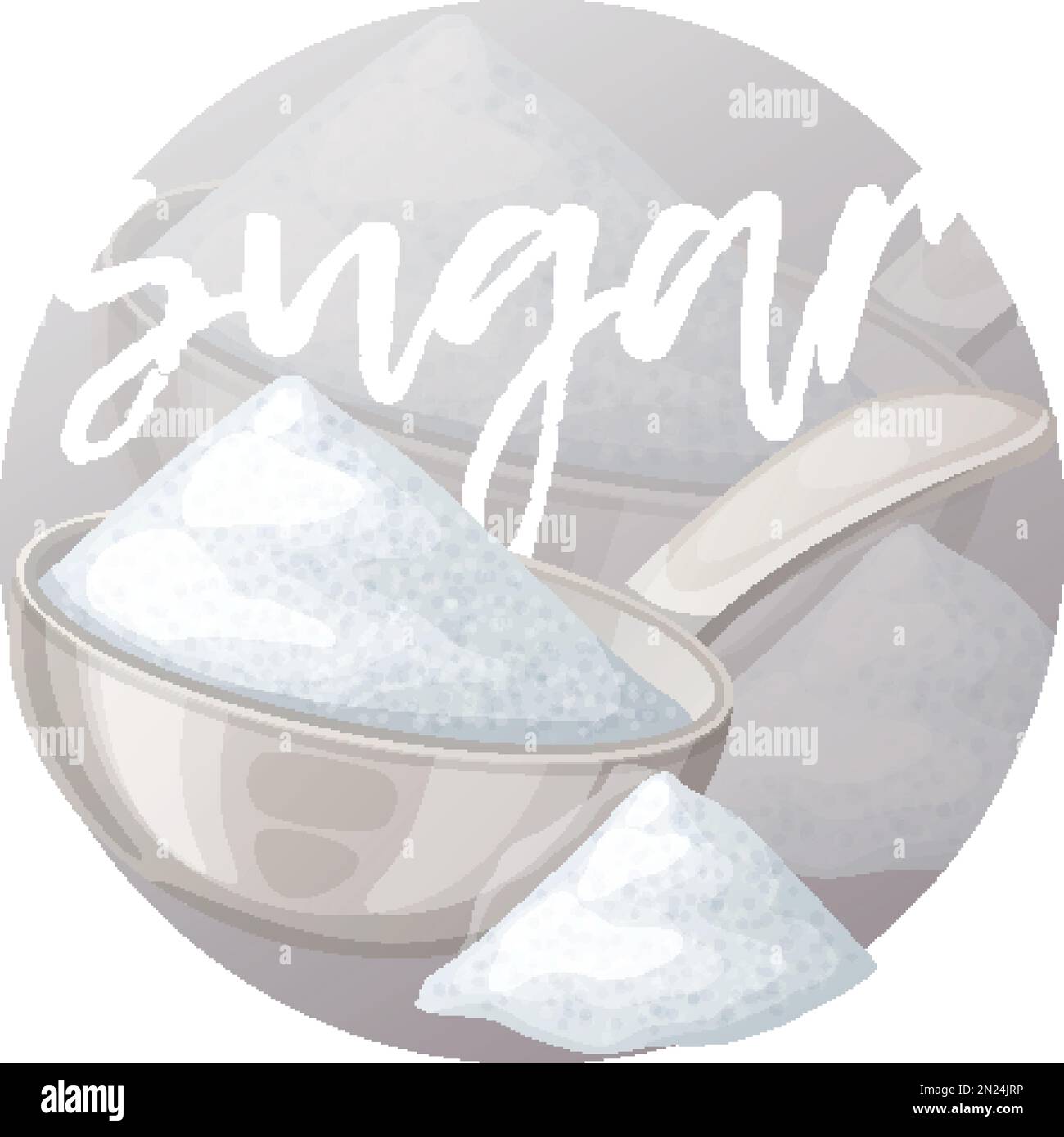 White sugar in metallic spoon, cartoon vector icon on gradient ...
