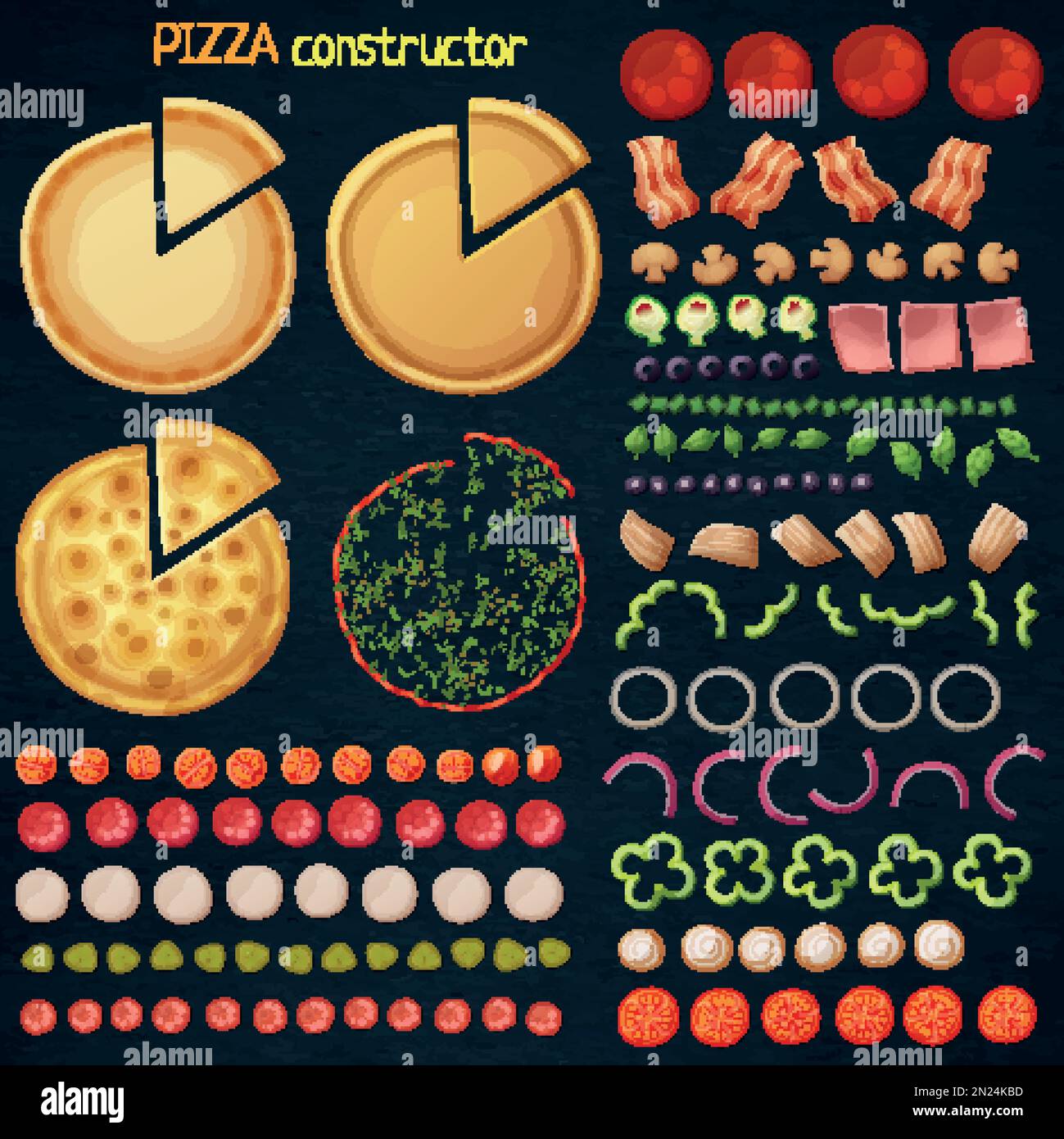 Pizza constructor cartoon vector illustration. Fresh ingredients on ...