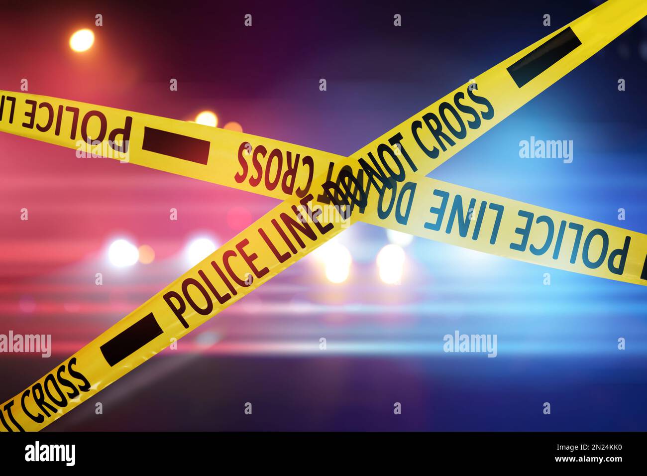 Yellow Law Enforcement Tape Isolating Crime Scene Blurred View Of City Street Toned In Red And
