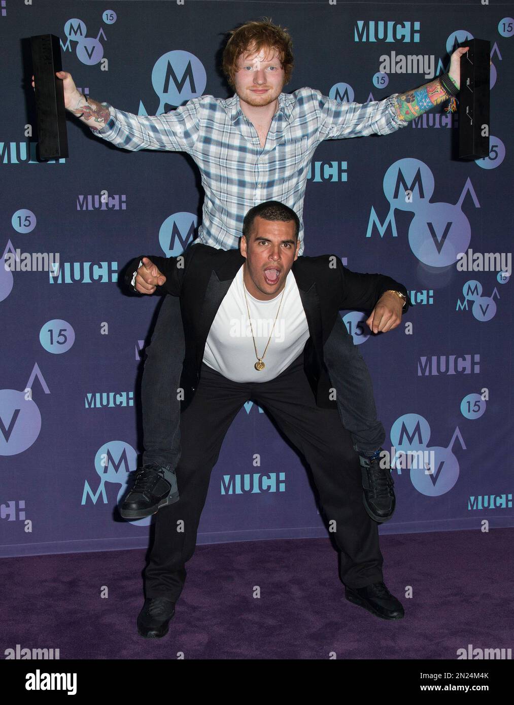Ed Sheeran and Emil Nava pose in the press room at the Much Music Video ...