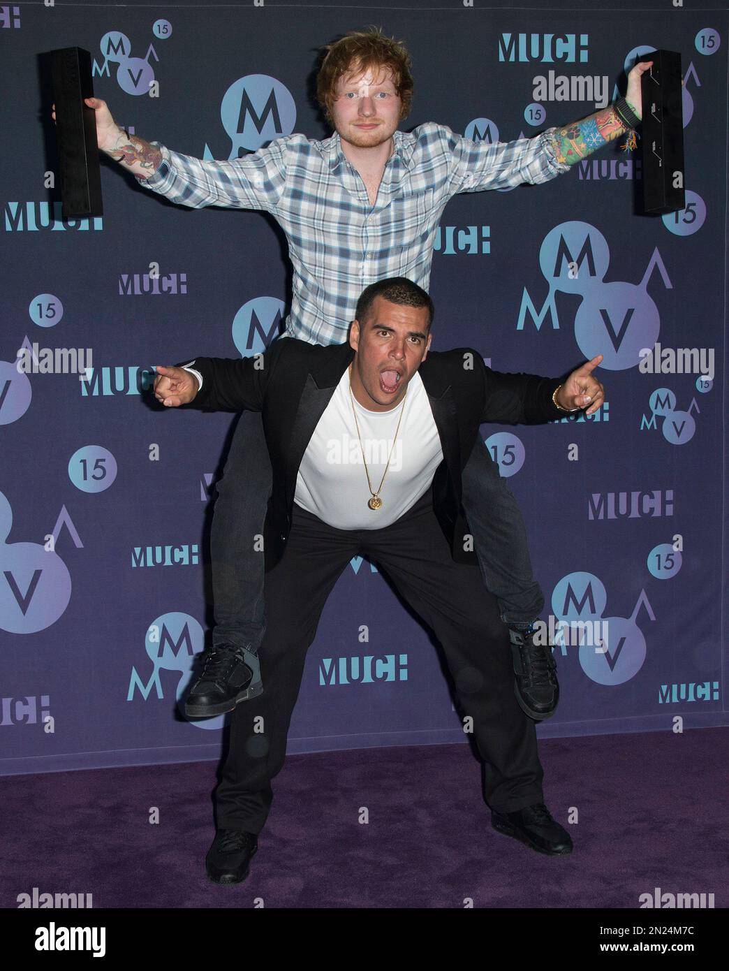 Ed Sheeran and Emil Nava pose in the press room at the Much Music Video ...