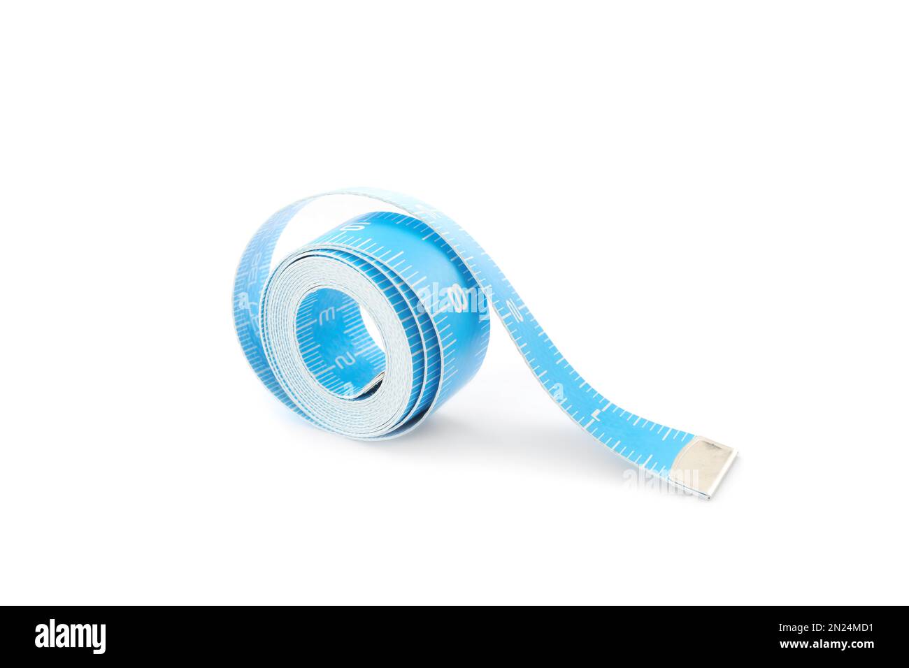 Long light blue measuring tape isolated on white Stock Photo - Alamy