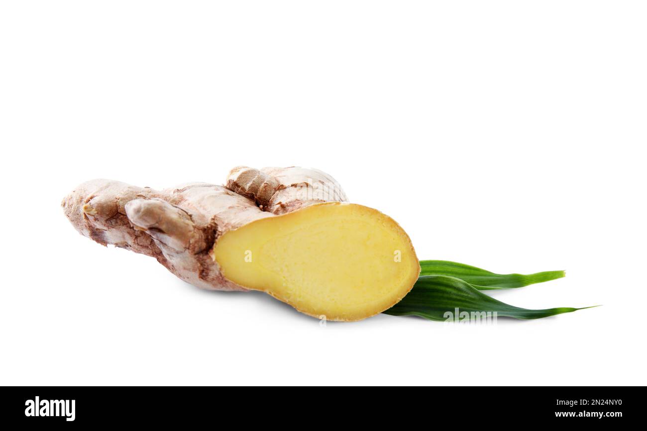 Cut fresh ginger and leaves isolated on white Stock Photo - Alamy