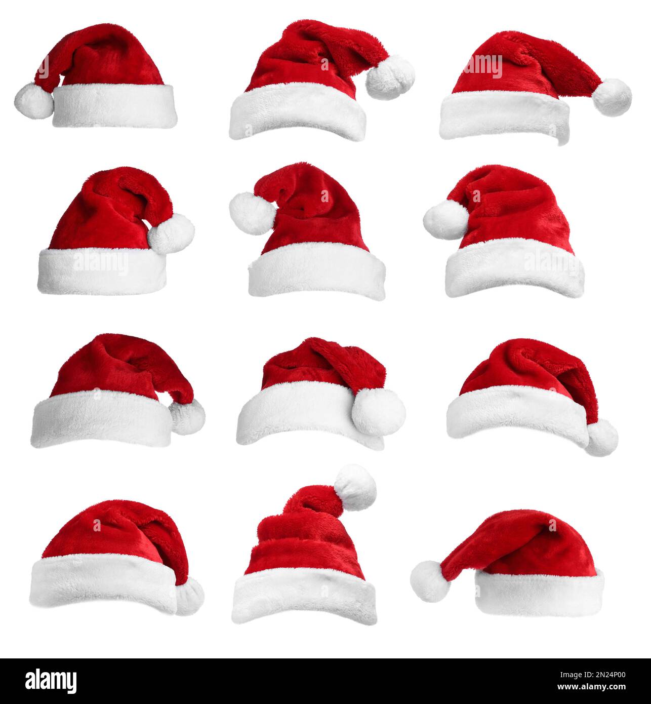 Set of red Santa hats on white background Stock Photo - Alamy