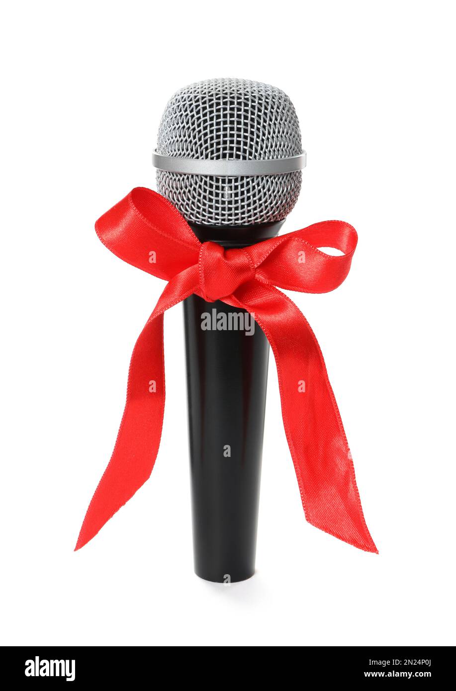 Microphone with red bow isolated on white. Christmas music Stock Photo ...
