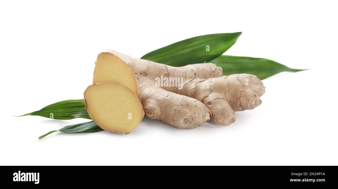 Cut fresh ginger and leaves isolated on white Stock Photo - Alamy