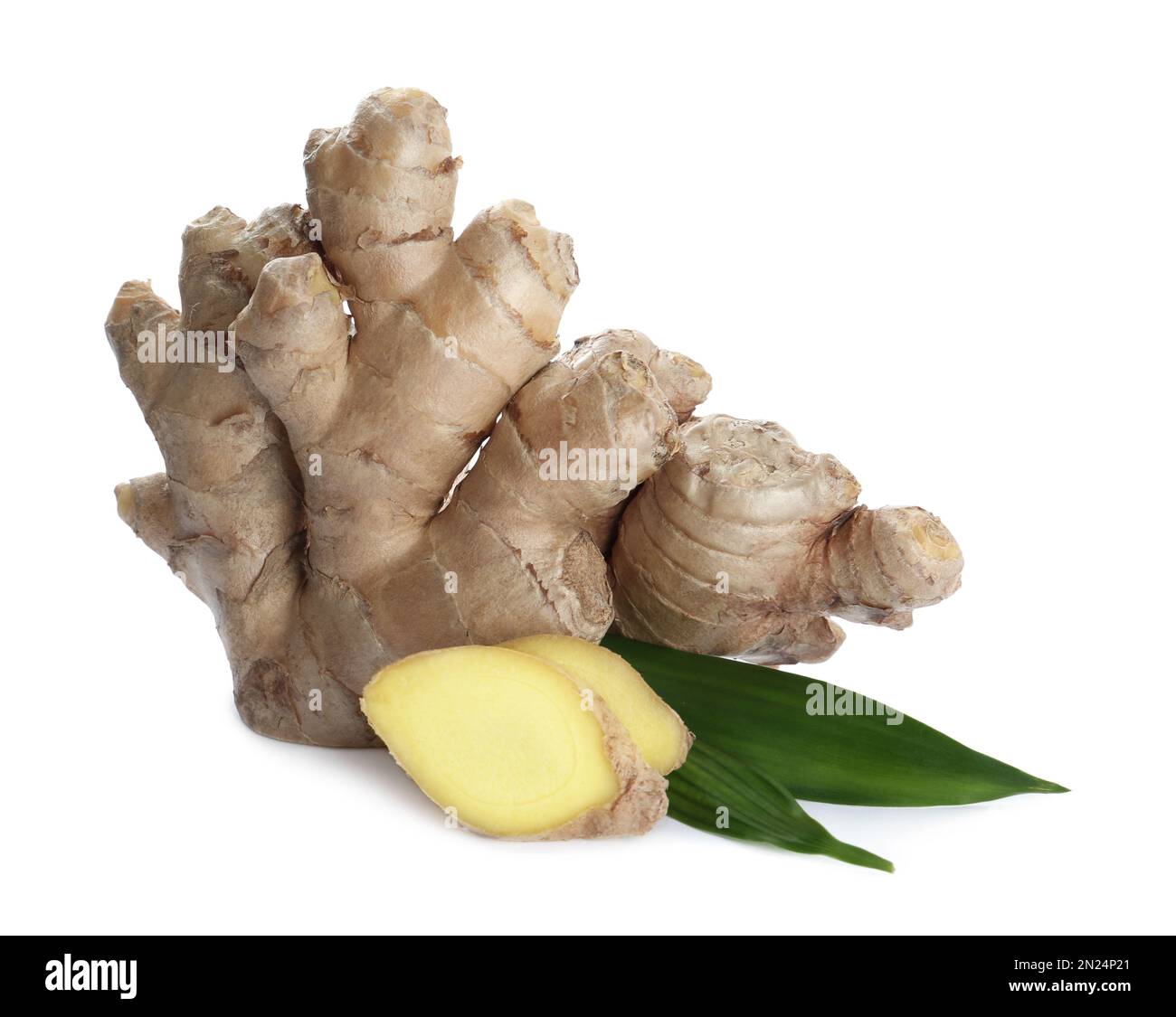 Whole and cut fresh ginger with leaves isolated on white Stock Photo ...