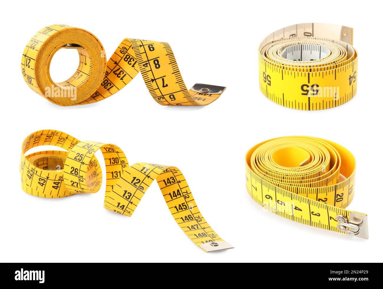 Set of yellow measuring tapes on white background Stock Photo - Alamy