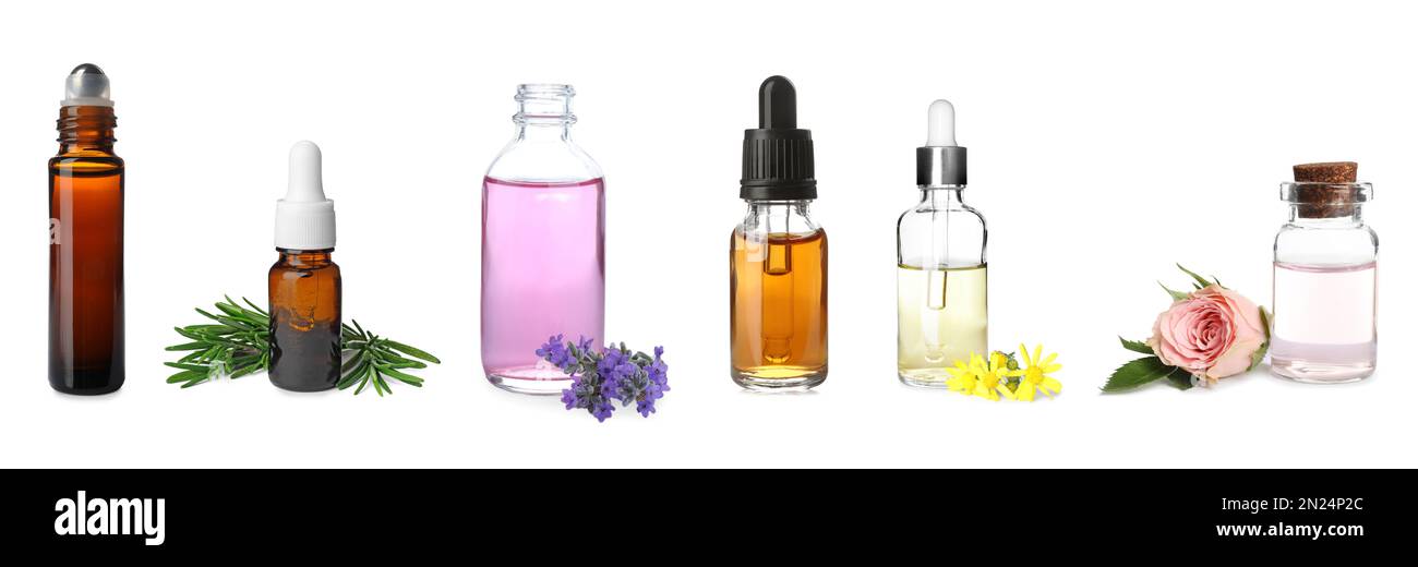 Set of different essential oils for aromatherapy on white background ...